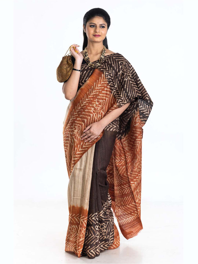 Brown & Rust Batik Tussar Saree With Fish Motif – Moksha