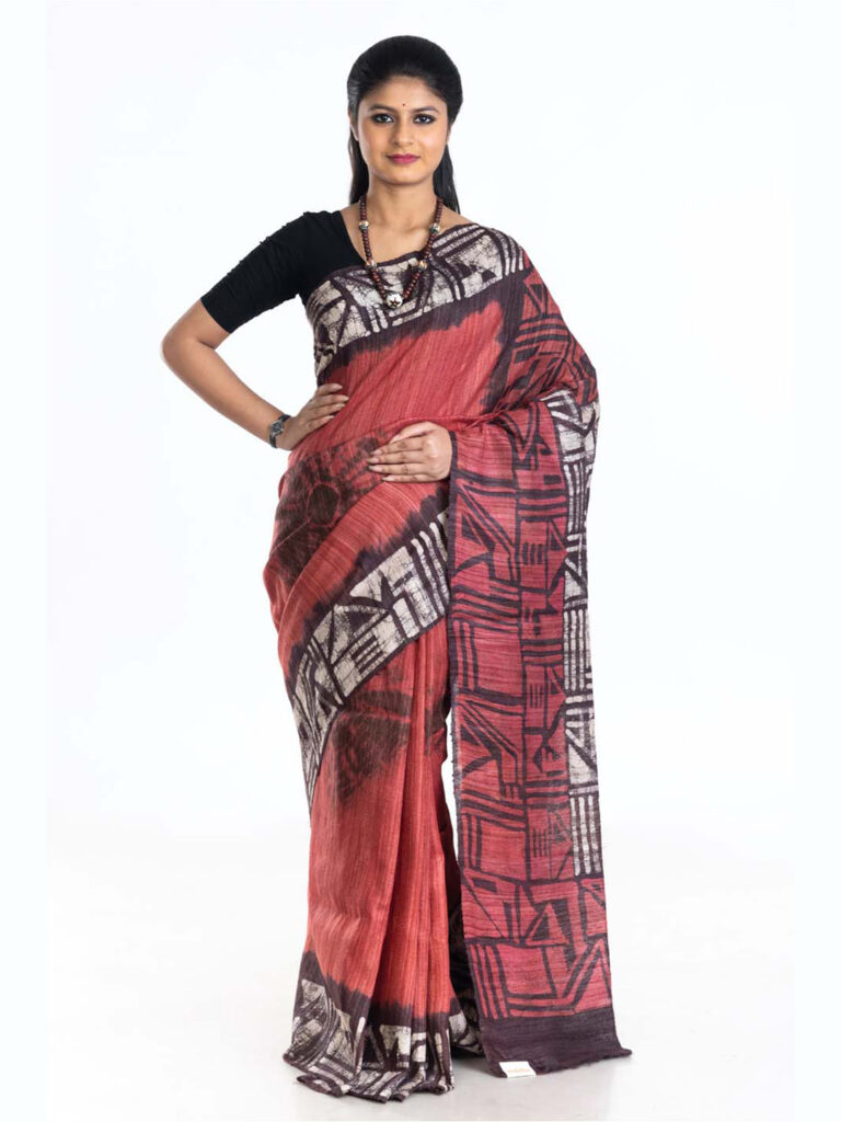Geometric Batik Ghicha Salmon Saree – Moksha