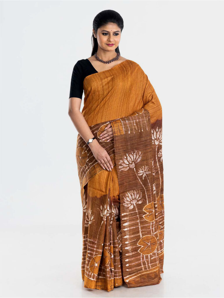 Mustard & Brown Batik Ghicha Saree – Moksha